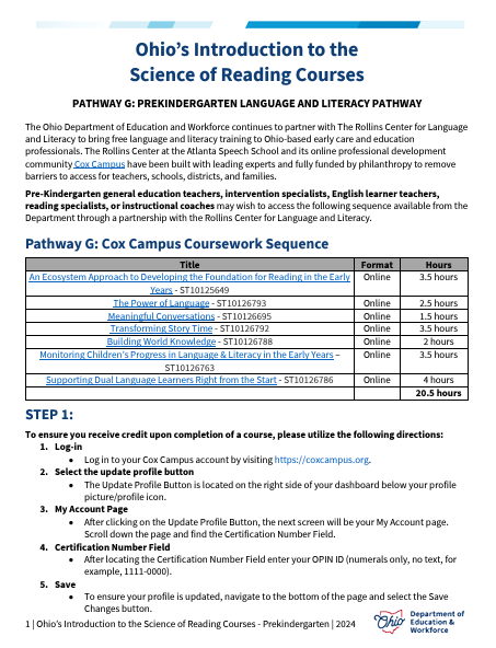 Courses Approved on OCCRRA – Cox Campus Support